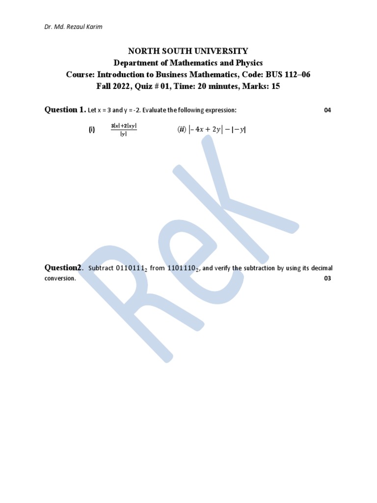 Quiz # 01 BUS 112 | PDF