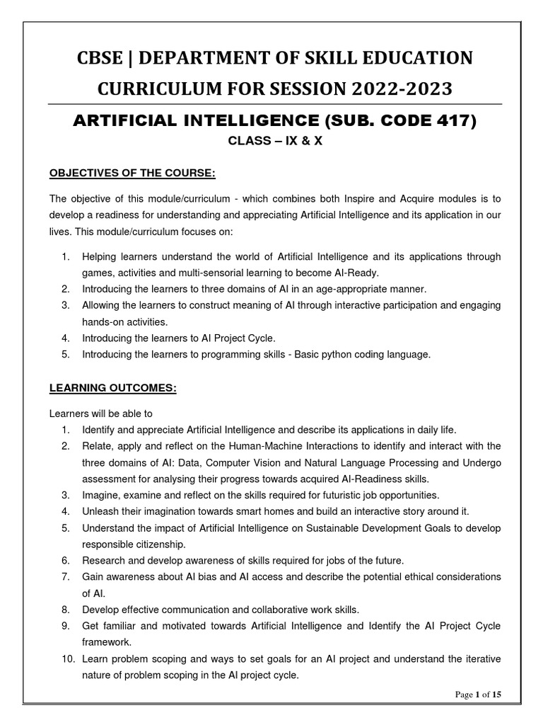 417-Artificial Intelligence-IX-X-2022-23 | PDF | Artificial Intelligence | Intelligence (AI ...