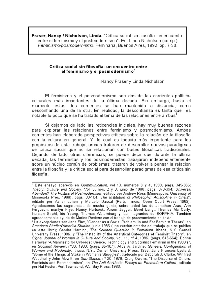 Fraser y Nicholson | PDF | Jean François Lyotard | Estudios de género