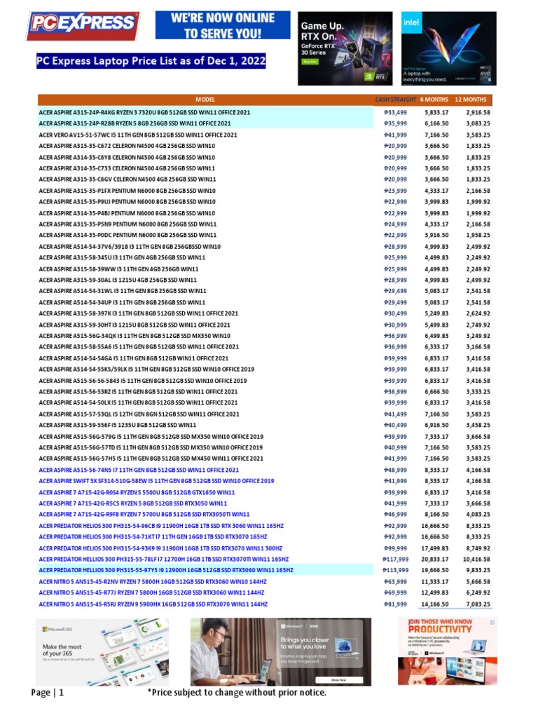 PC Express Laptop Pricelist - Dec 1 2022 | Download Free PDF | Microcomputers | Personal Computers