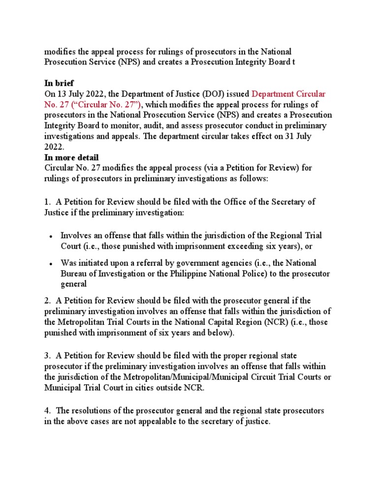 Modifies The Appeal Process For Rulings of Prosecutors in The National ...