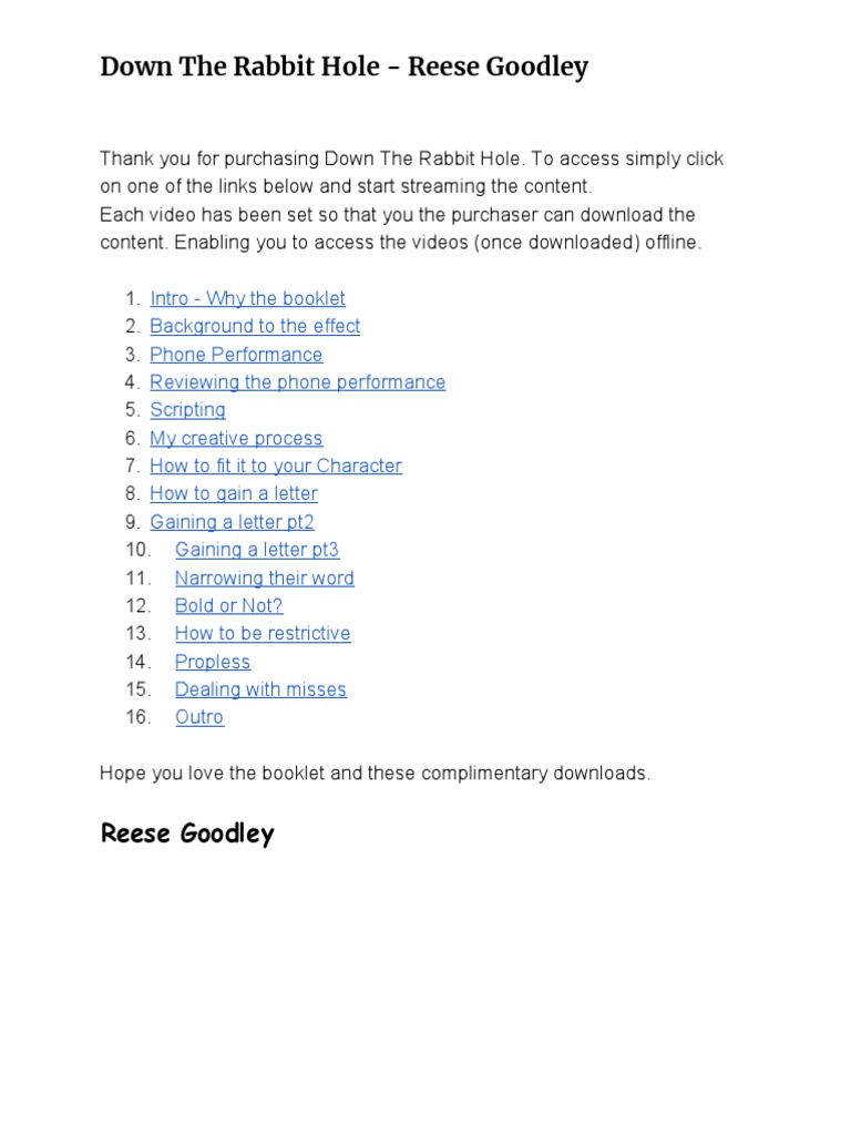 Reese Goodley - Down The Rabbit Hole - Content Access | PDF