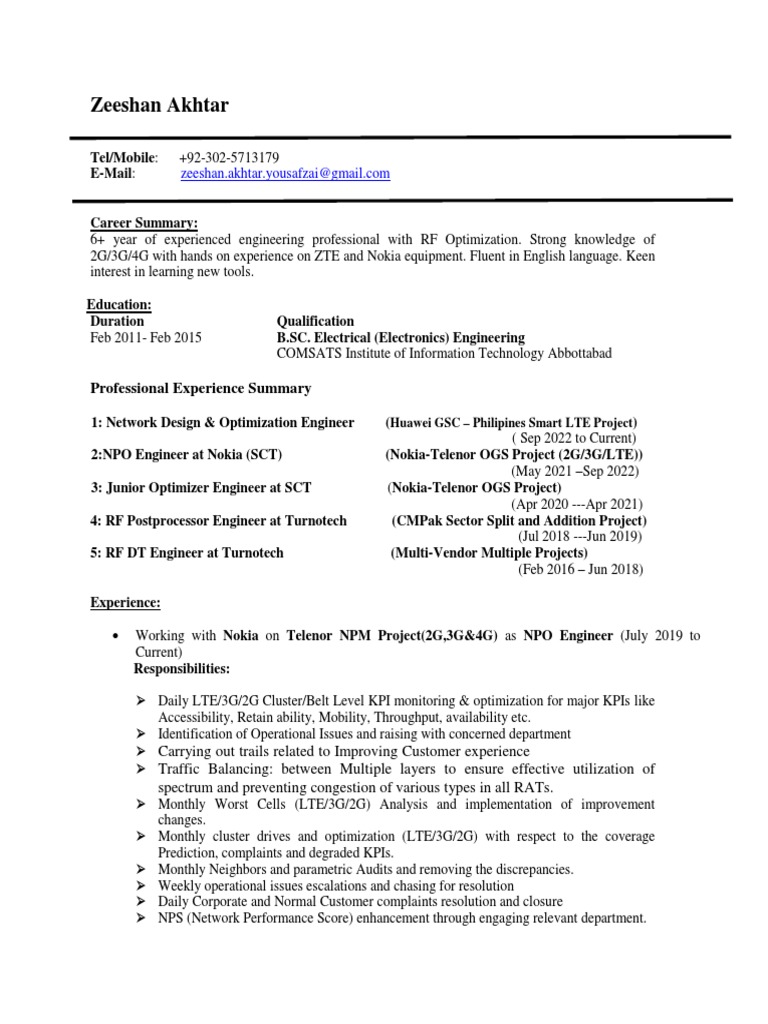 Zeeshan Akhtar - CV | PDF | Lte (Telecommunication) | 3 G