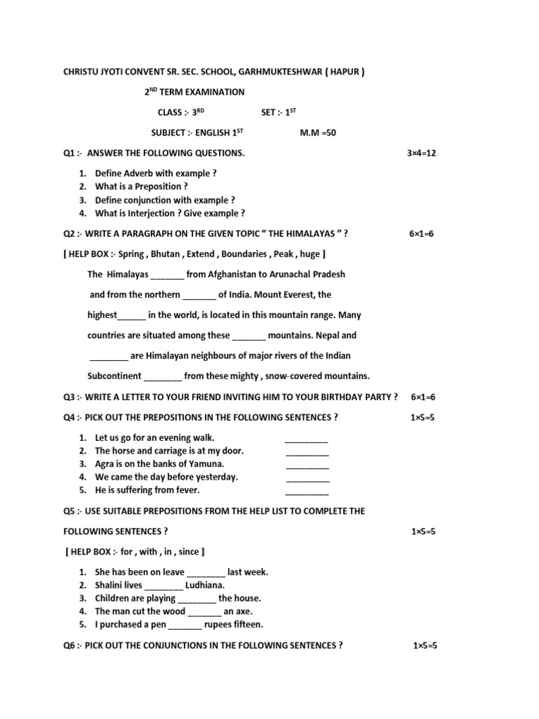 Class 3rd English 1st Paper 1 | PDF | Himalayas | Grammar