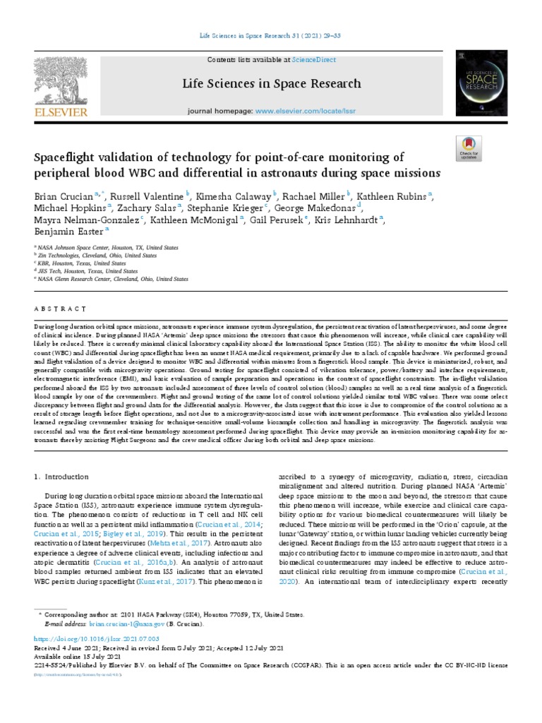 Spaceflight Validation of Technology For Point of Care Mon - 2021 - Life Science | PDF ...