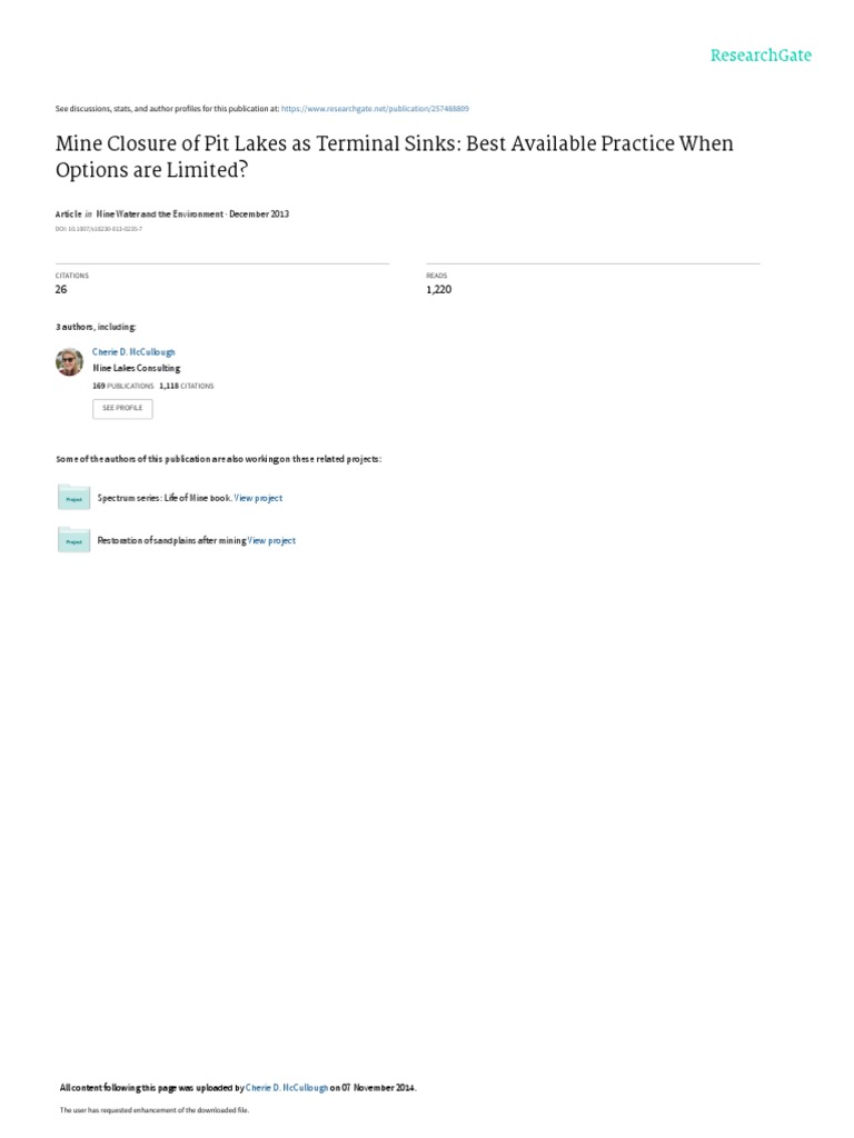 McCulloughetal2013 - Mine Clousure of Pit Lakes As Terminal Sinks Best ...