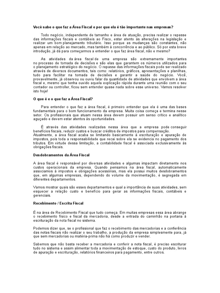 Você Sabe o Que Faz A Área Fiscal e Por Que Ela É | PDF | Impostos ...