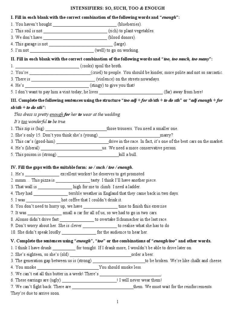 Intensifiers: So, Such, Too & Enough Exercises | PDF
