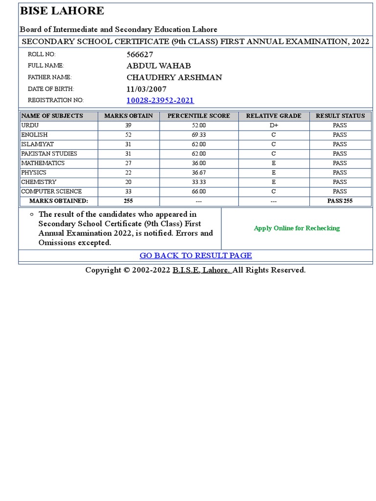 Bise Lahore Examination Result Status Sheet | PDF