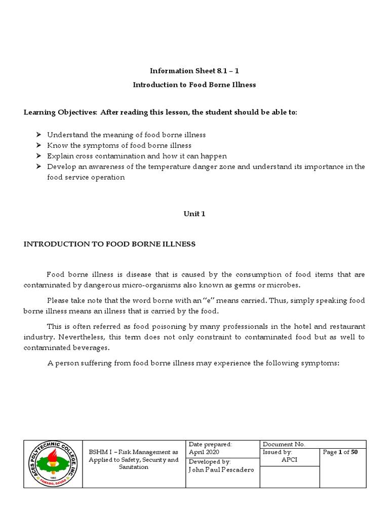 BSHM 1 THC 2 Info Sheet | PDF | Foods | Hazard Analysis And Critical Control Points