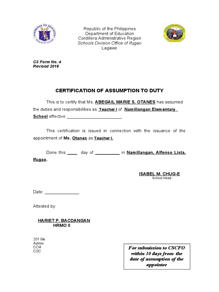 Certification of Assumption To Duty | PDF