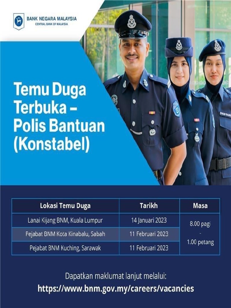 Iklan Temu Duga Terbuka Polis Bantuan (Konstabel) BNM & Syarat Kelayakan | PDF