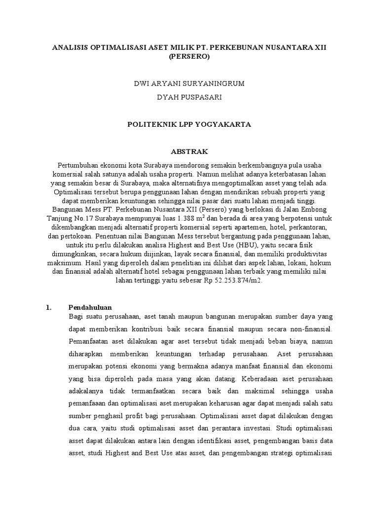 Optimalisasi Aset PT Perkebunan XII | PDF