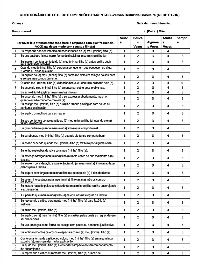 Questionario de Estilos e Dimensoes Parentais | PDF Questionario de Estilos e Dimensoes Parentais | PDF