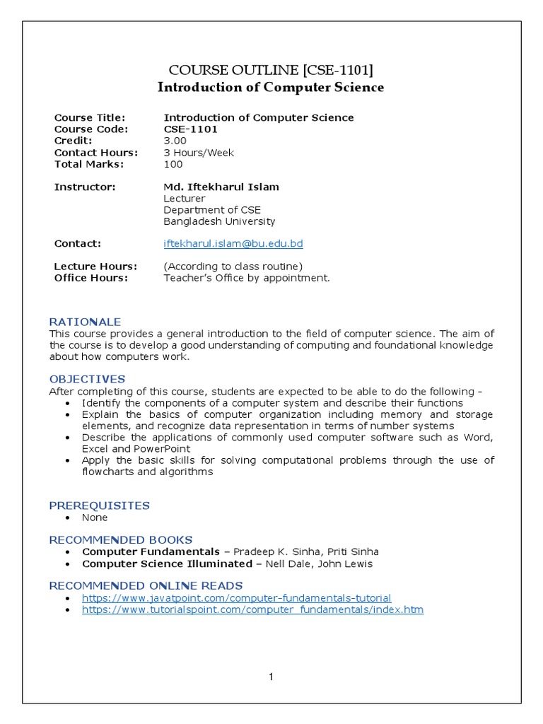 Course Outline (CSE-1101) | Download Free PDF | Computing | Logic Gate