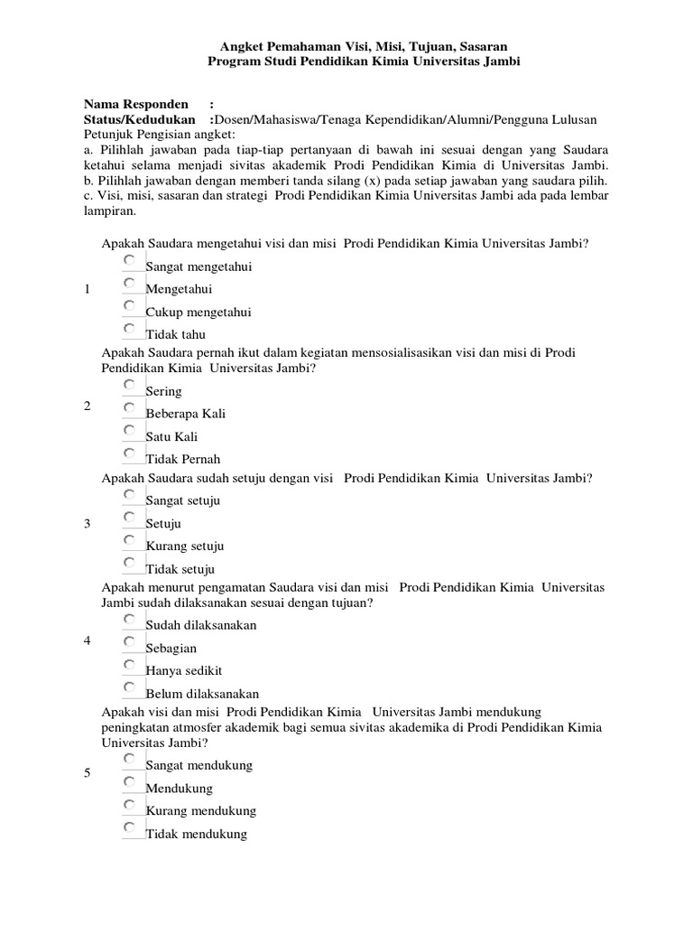 Angket Pemahaman Visi Dan Misi Prodi | PDF