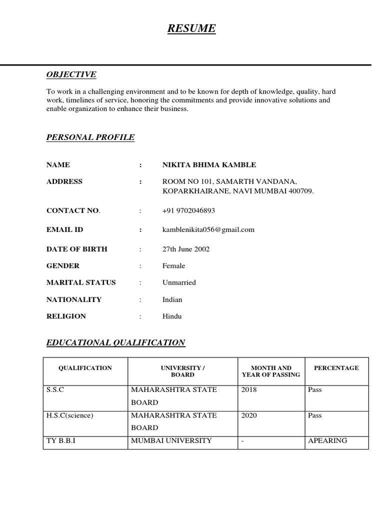 Nikita Kamble Resume: Sales & Billing Skills | PDF