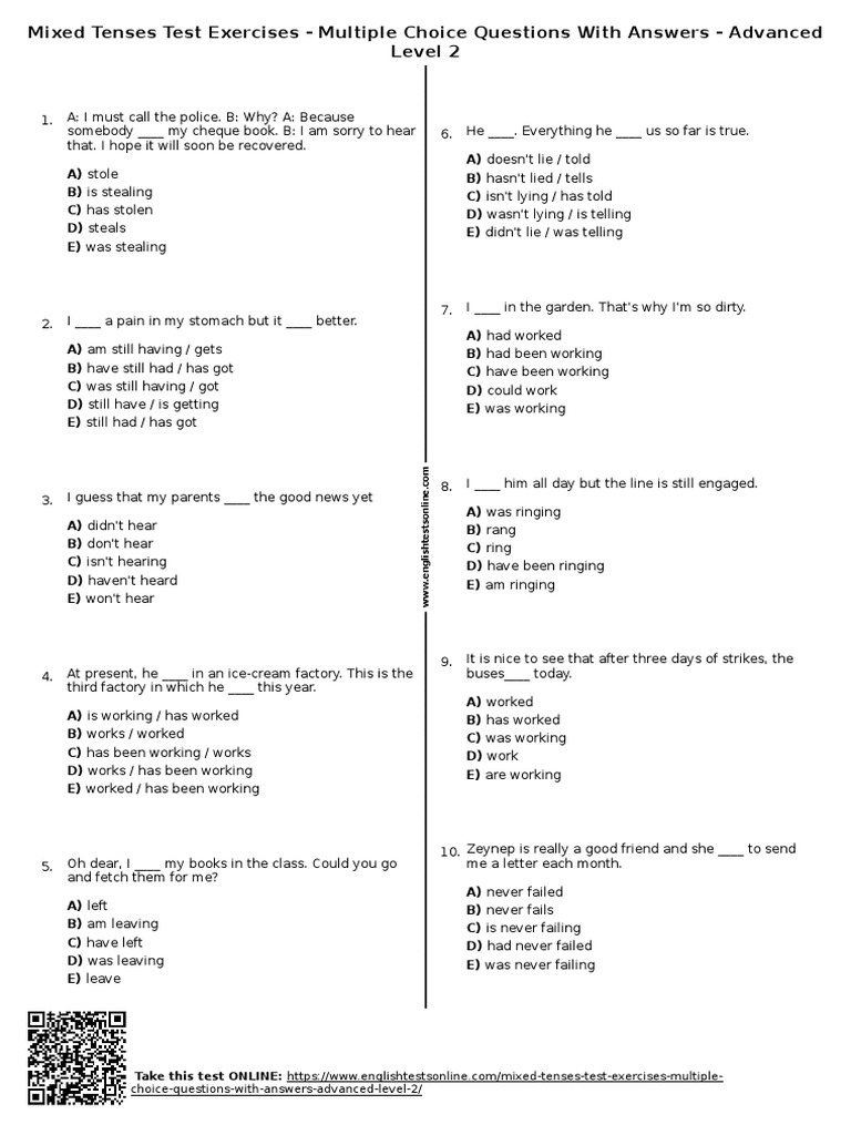 501 - Mixed Tenses Test Exercises Multiple Choice Questions With ...