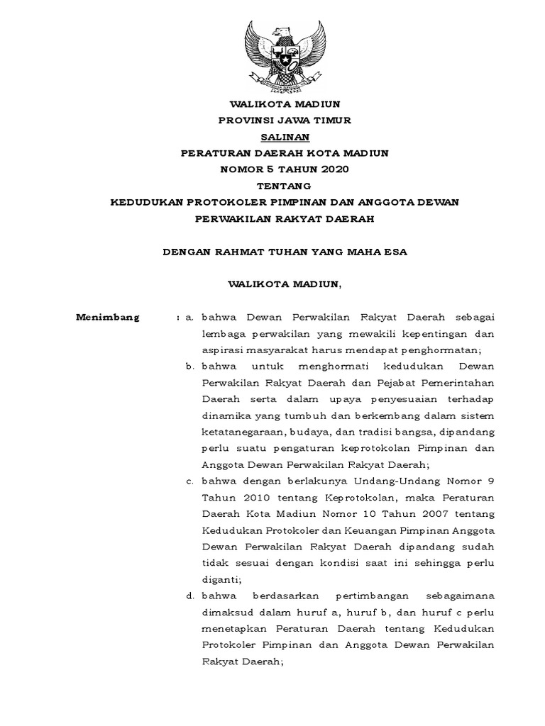 Perda Nomor 5 Tahun 2020 TTG Kedudukan Protokoler Pimpinan Dan Anggota ...