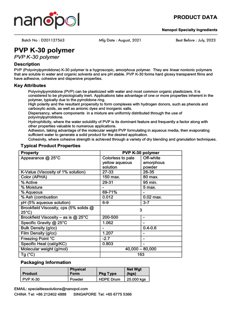PVP K30 | PDF | Polymers | Water