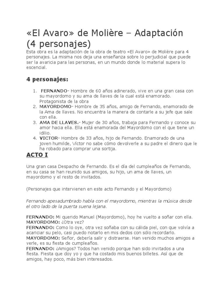 Adaptación de "El Avaro" para 4 personajes | PDF
