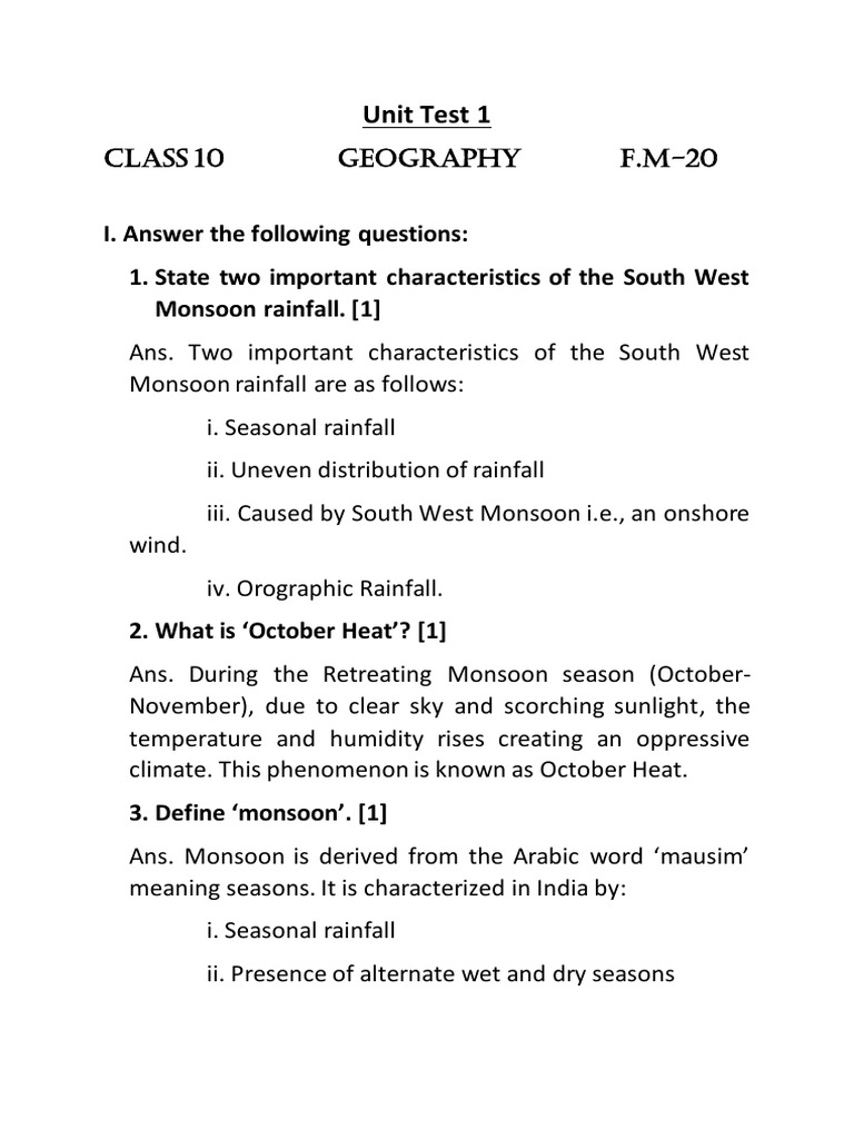 Unit Test 1 Geography | PDF | Monsoon | Rain
