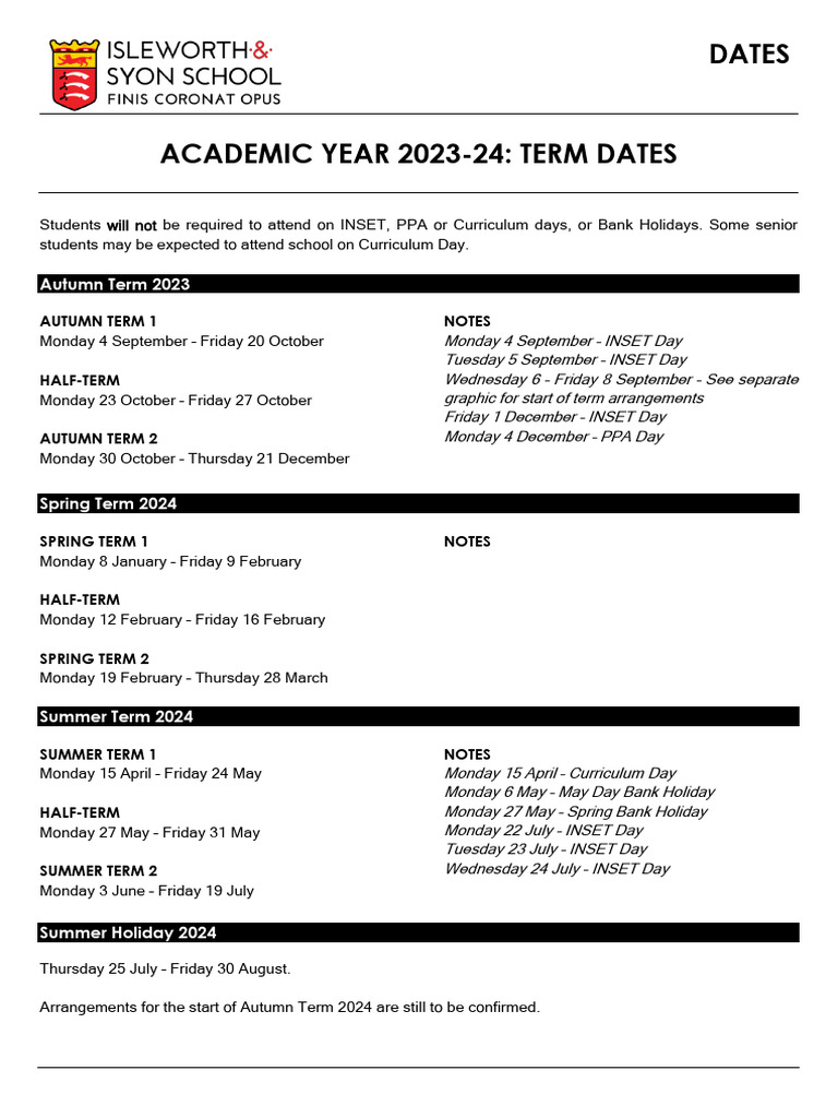 Academic Year 2023-24 Dates | PDF