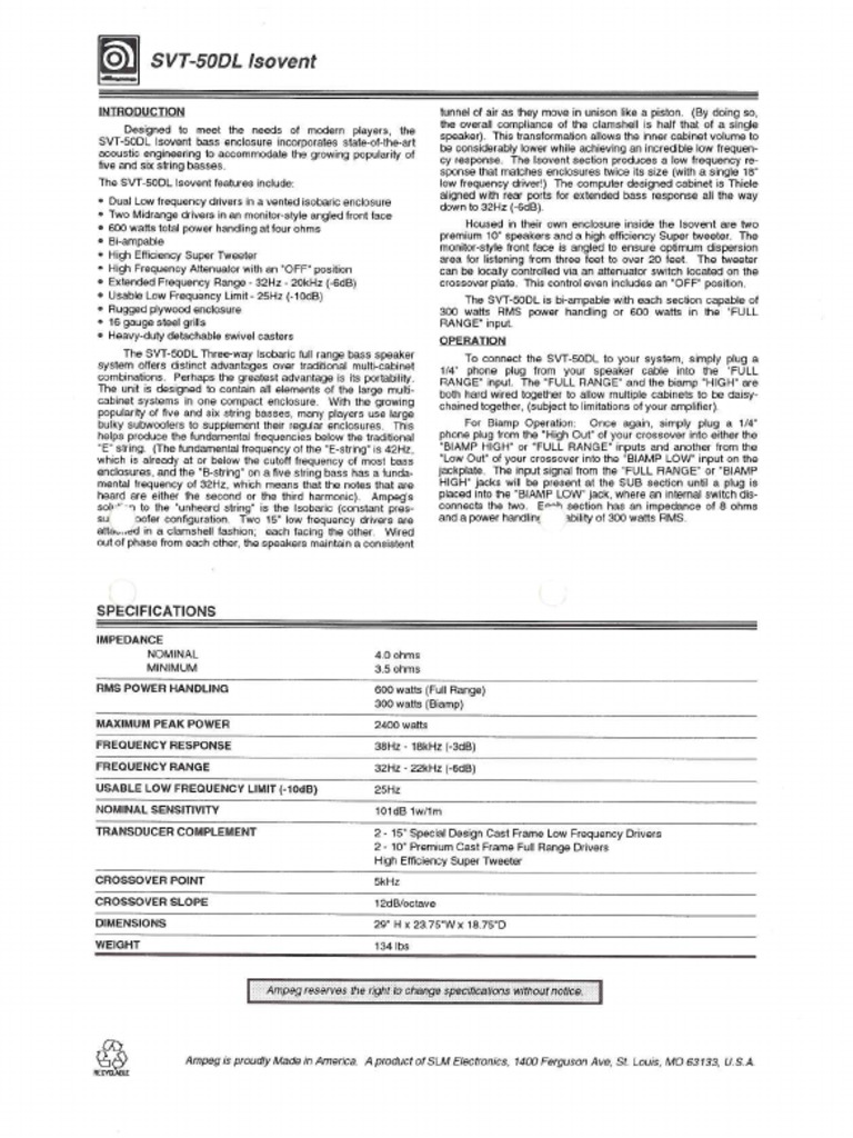 Ampeg SVT-50 DL ISOVENT | PDF