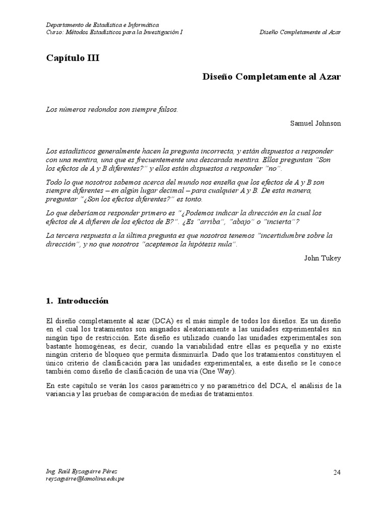 Capítulo III Diseño Completamente Al Azar: 1. Introducción | PDF ...