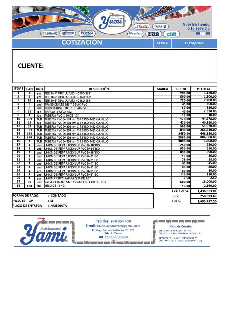 Cotizacion Materiales Yami - Eps | PDF | Plomería | Ingeniería mecánica