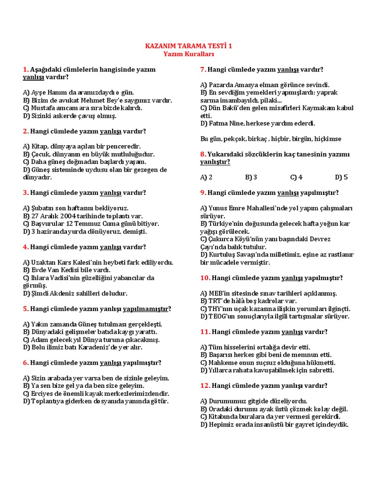 Yazım Kuralları 50 Soru | PDF