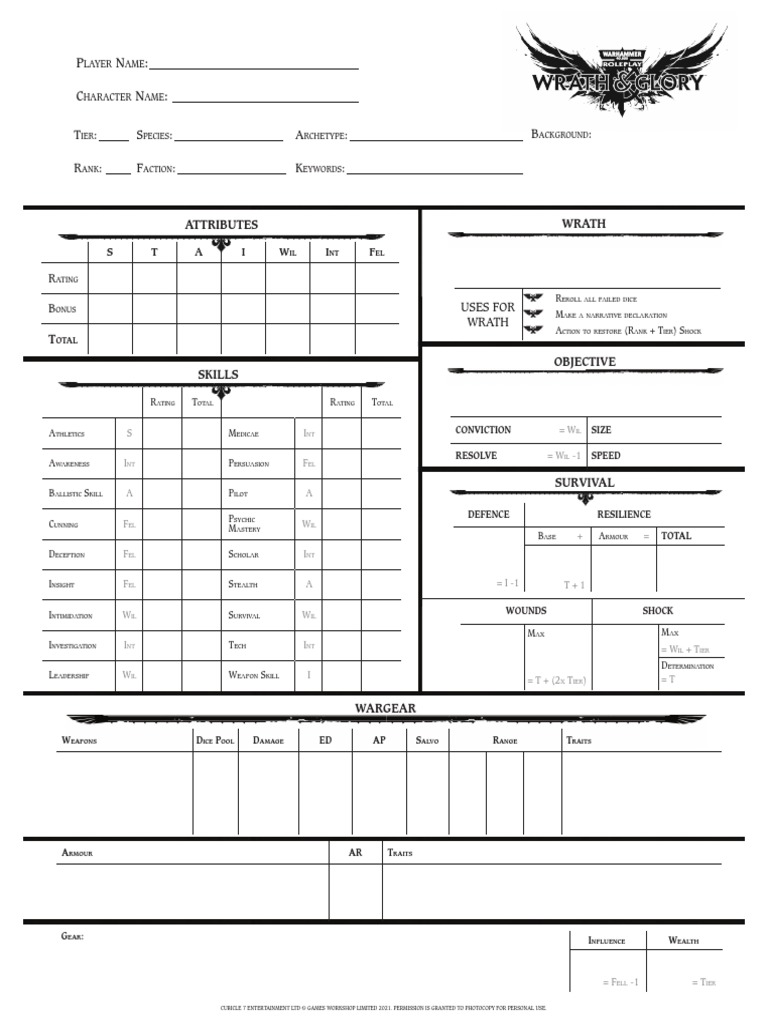 W - G Character Sheet Print Friendly | PDF | Tabletop Games | Role Playing Games