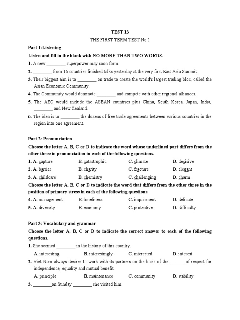 TEST 13 - THE FIRST TERM TEST No 1 | PDF