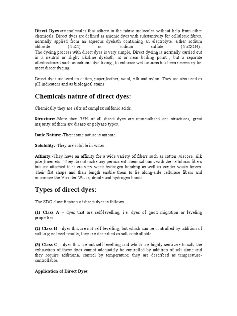 Understanding Direct Dyes: Types & Applications | PDF | Dye | Sodium ...