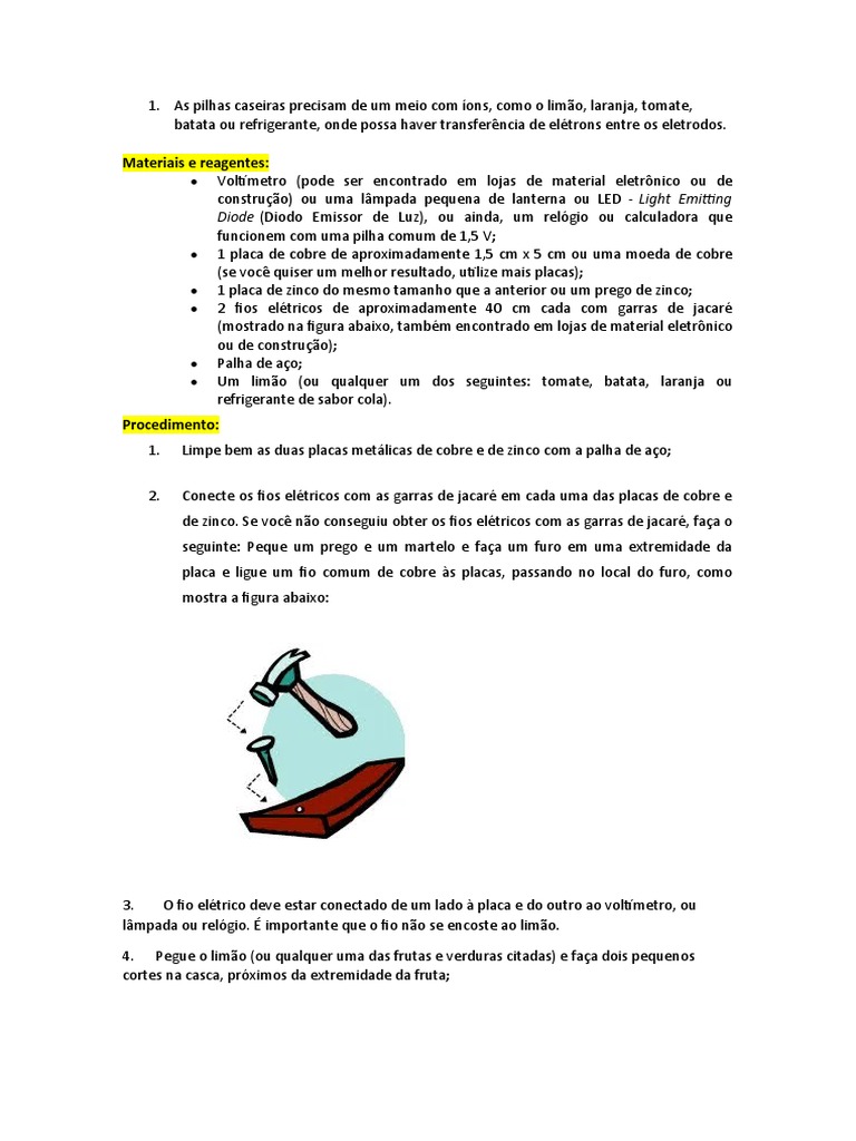 Como Fazer Pilhas Caseiras Simples | PDF | Eletrodo | Ânodo