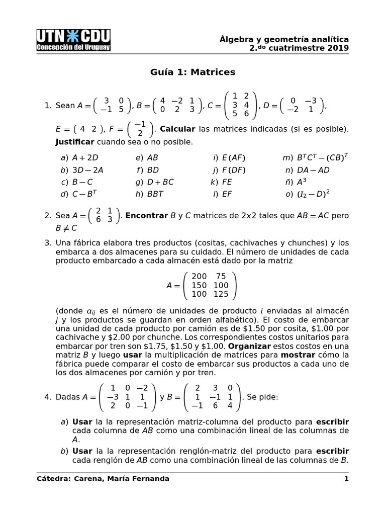 Guía01 Matrices | PDF | Matriz (Matemáticas) | Álgebra