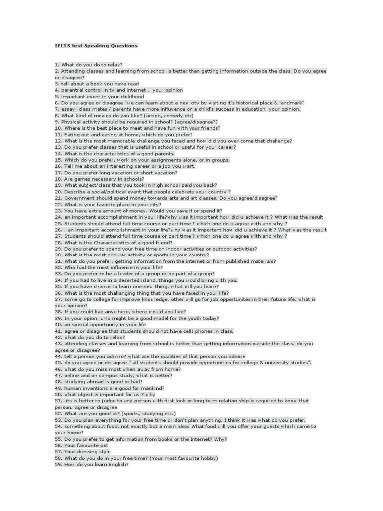 IELTS Test Speaking Questions | PDF | International English Language ...