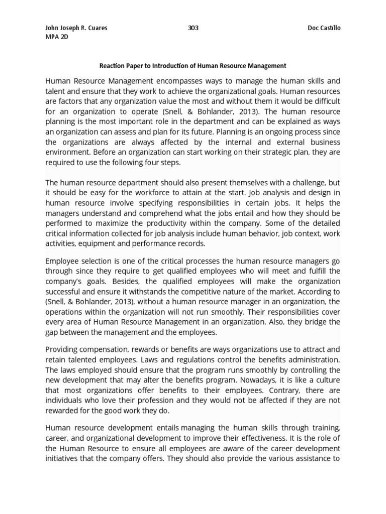 MPA 2D - Cuares - Reaction Paper To Introduction of Human Resource ...