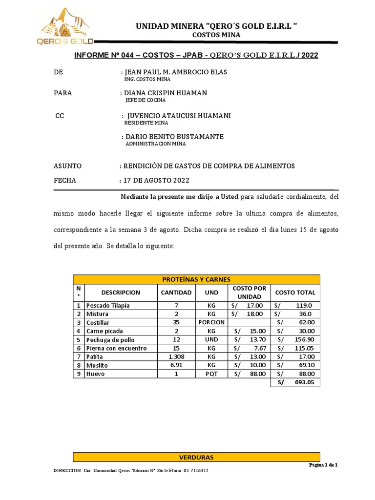 Informe 044 Rendición de Cuentas de Compra de Alimentos | PDF ...