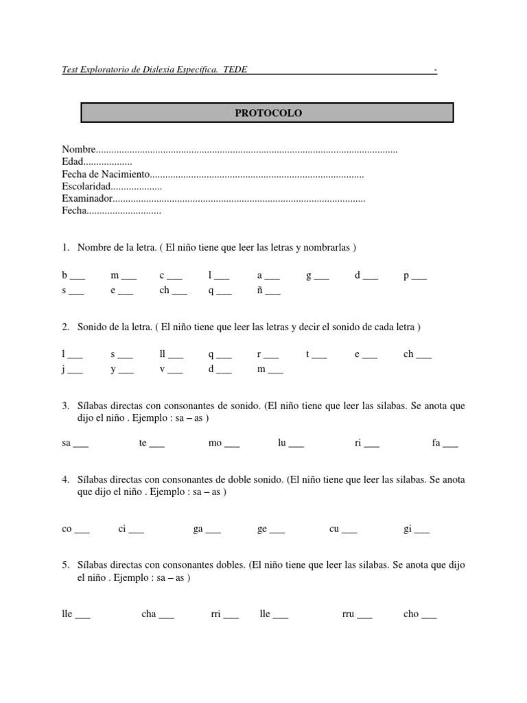Test Exploratorio de Dislexia Específica - Protocolo | PDF | Fonética ...