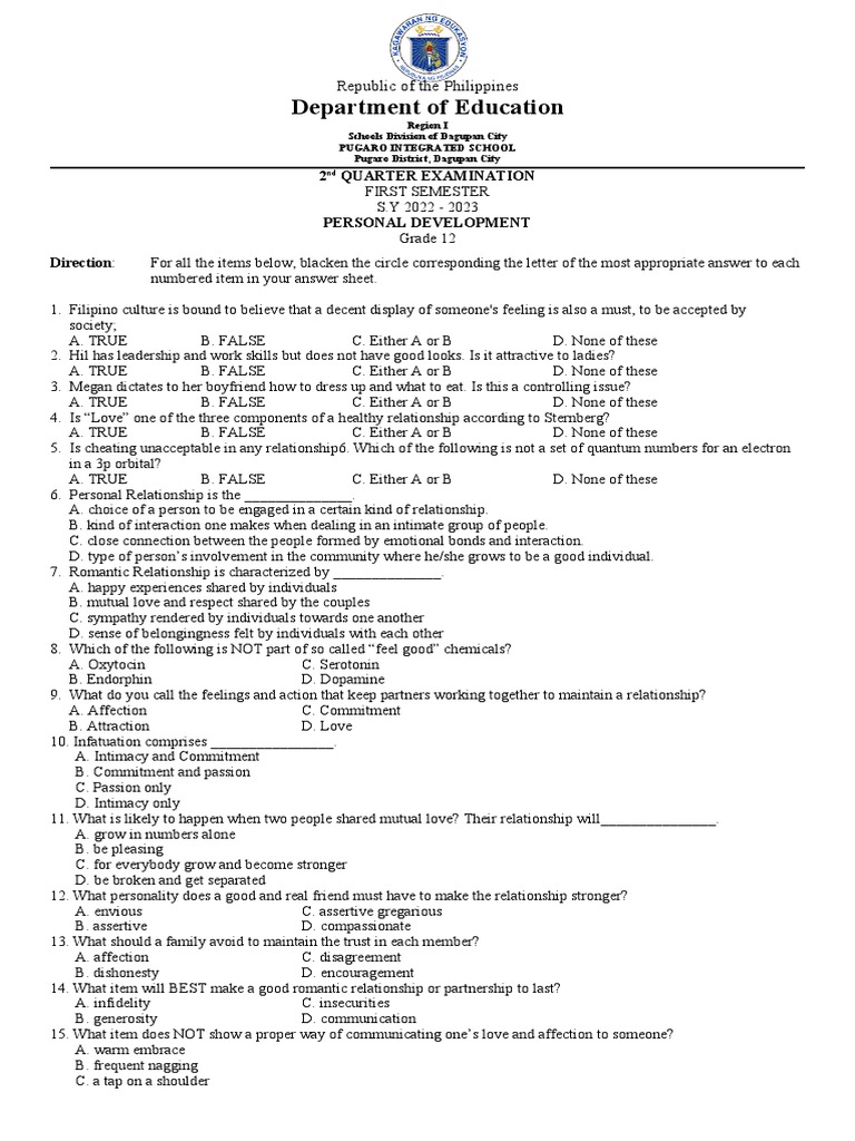 Perdev Exam S1Q2 | PDF | Family | Social Institutions