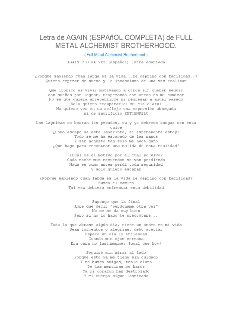 Letra de "Again" - Fullmetal Alchemist | PDF