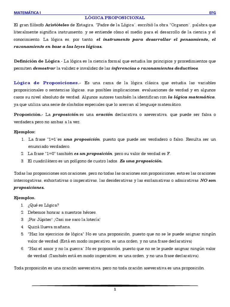 Matemática I - Lógica Proposicional | PDF | Proposición | Lógica