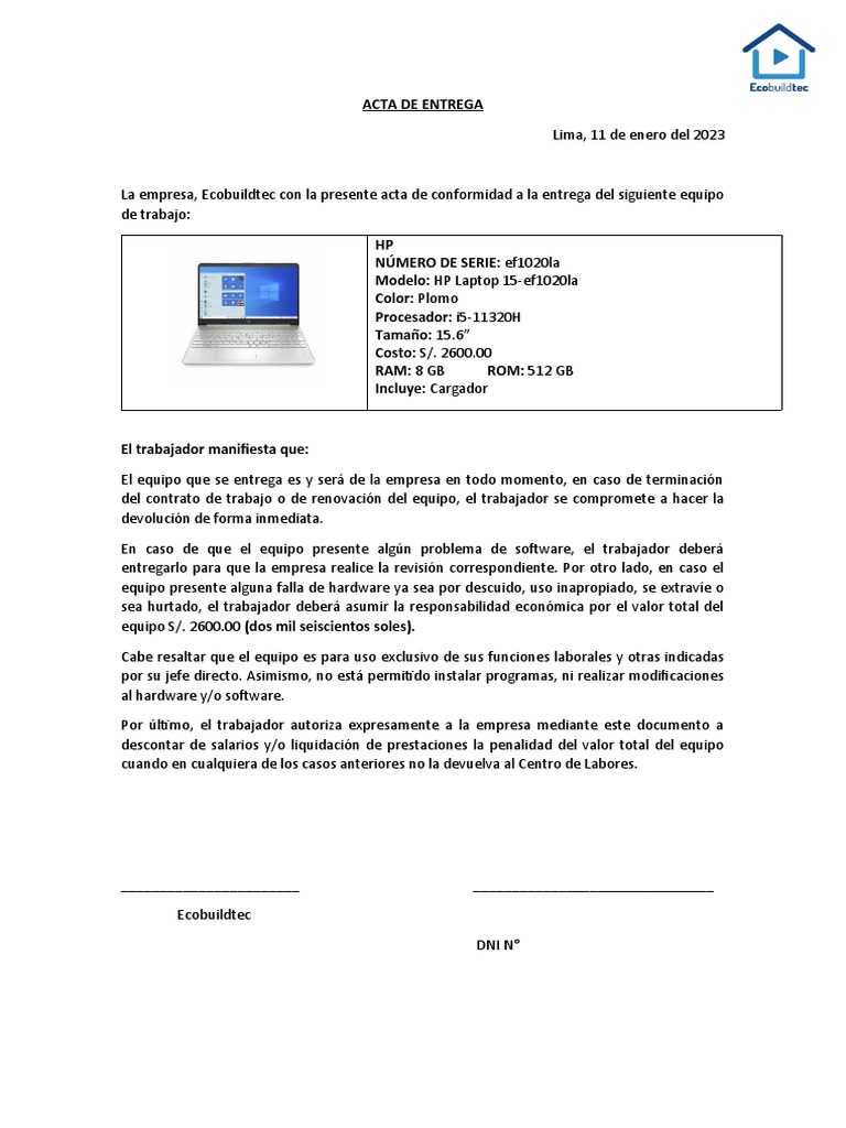 Acta de Entrega - Laptop Formato | PDF