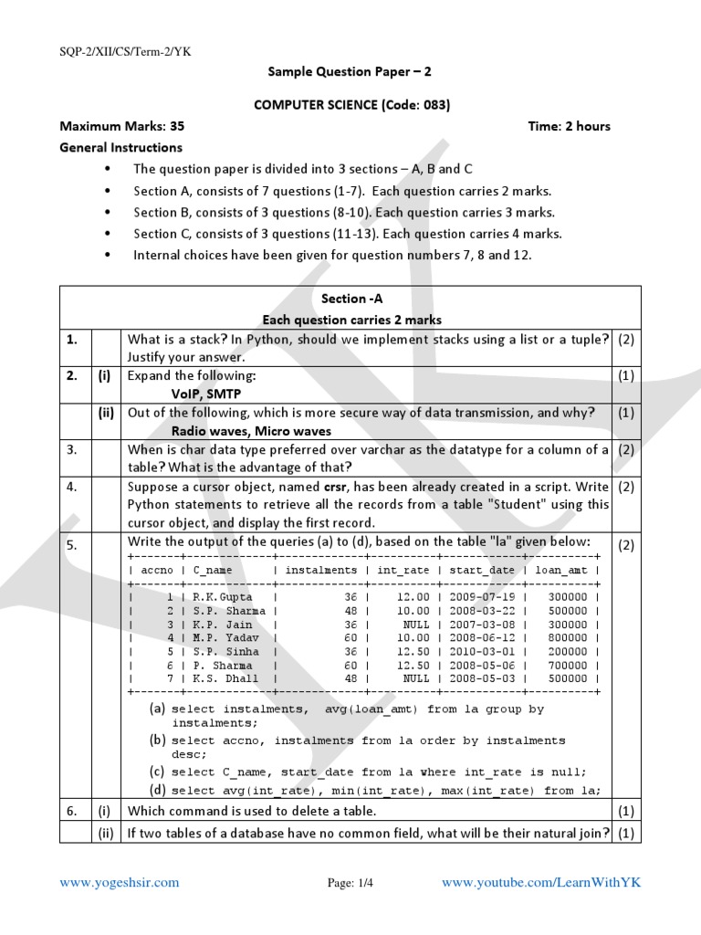SQP2-CS-XII-T2-2022-YK | PDF | Table (Database) | Software Engineering