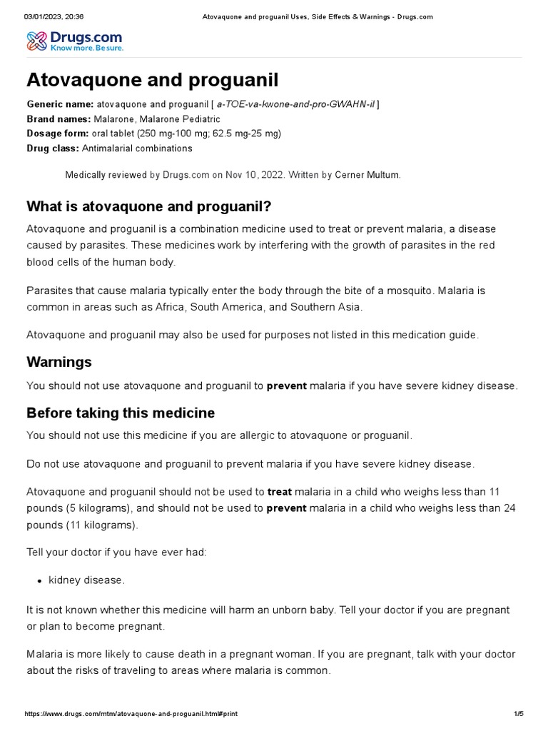 Atovaquone and Proguanil Uses, Side Effects & Warnings Drugs Com | PDF ...