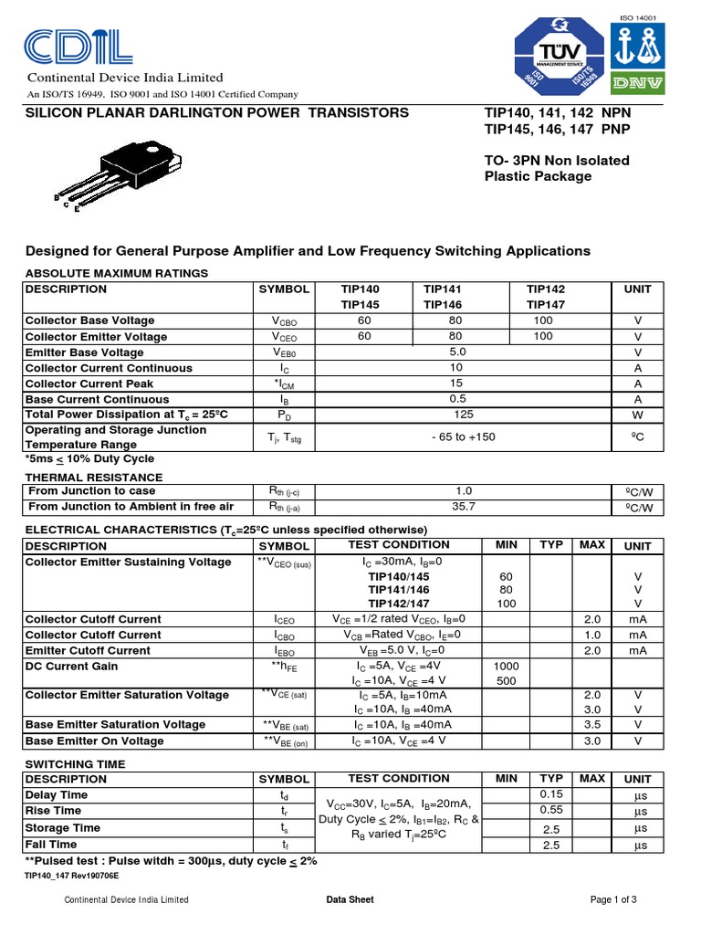 Tip140 Tip147 | Download Free PDF | Bipolar Junction Transistor | Electronic Engineering