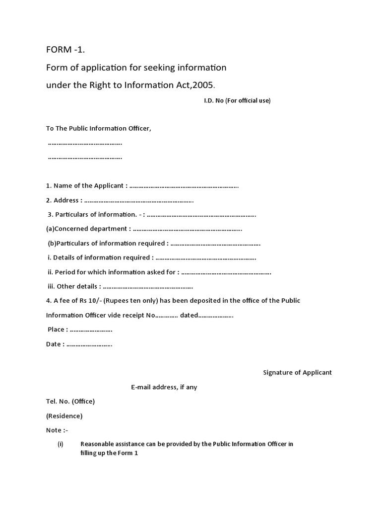 FORM - 1. Form of Application For Seeking Information Under The Right ...