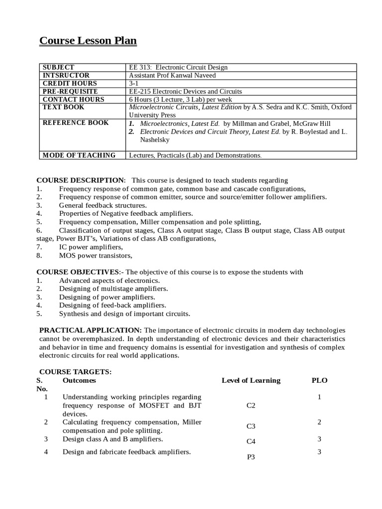 Course Outline EE-313 Electronic Circuit Design | PDF | Amplifier | Mosfet