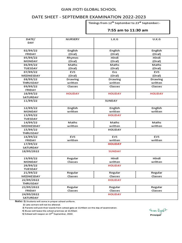 Date Sheet Kindergarten-1 | PDF